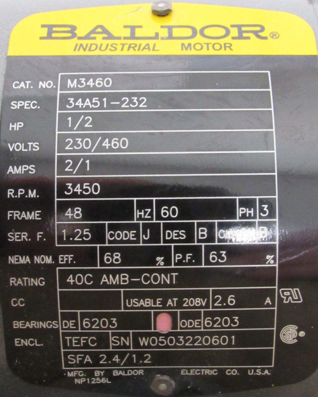 NEW BALDOR M3460 MOTOR 1/2HP 230/460V 3450RPM - SB Industrial Supply, Inc.
