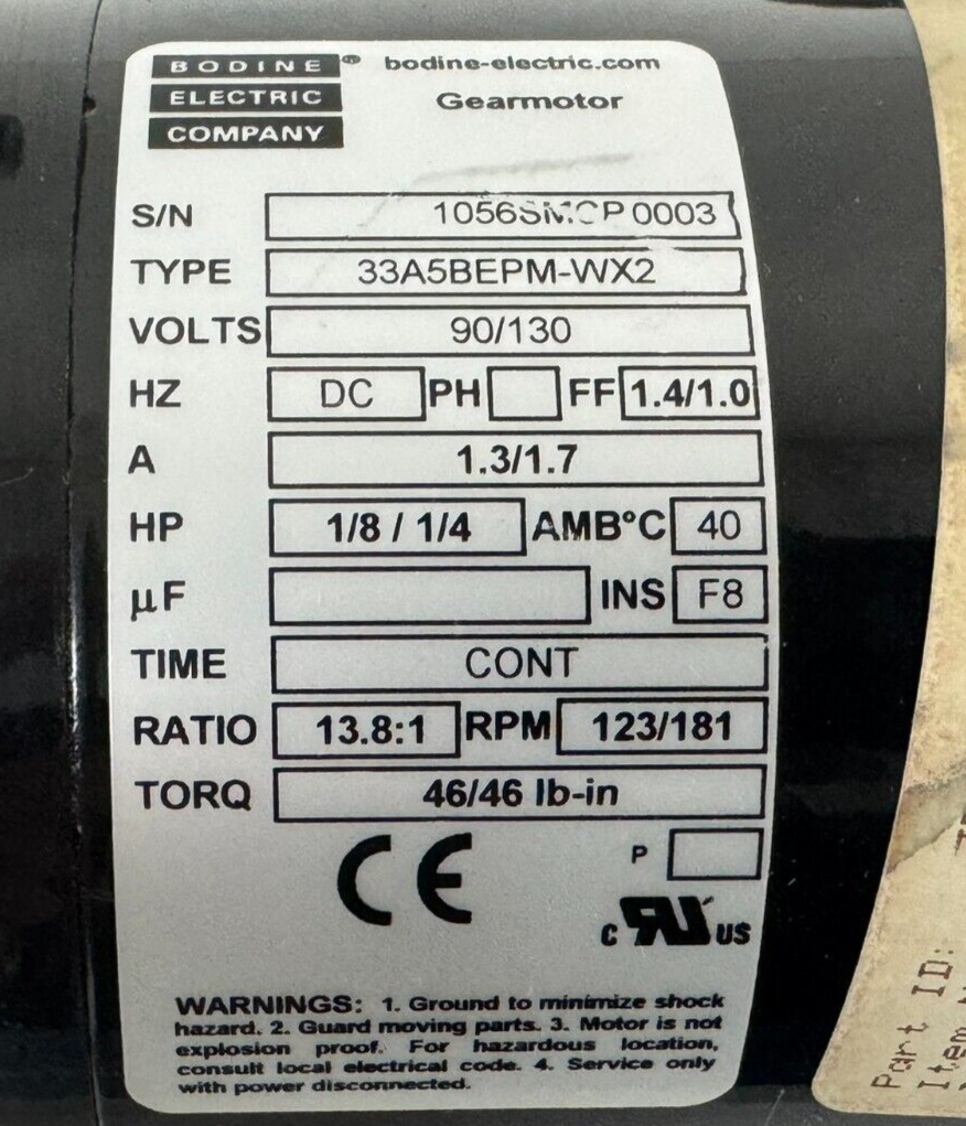 NEW BODINE ELECTRIC 33A5BEPM-WX2 GEARMOTOR 90/130V 1/8-1/4HP - SB ...