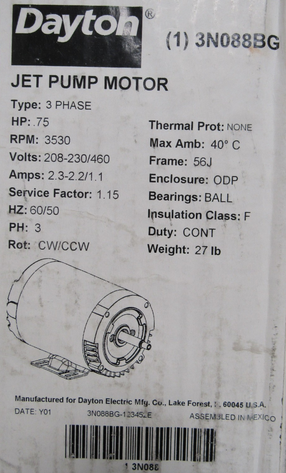 NEW DAYTON 3N088BG JET PUMP MOTOR 3/4HP 208-230/460V - SB Industrial ...