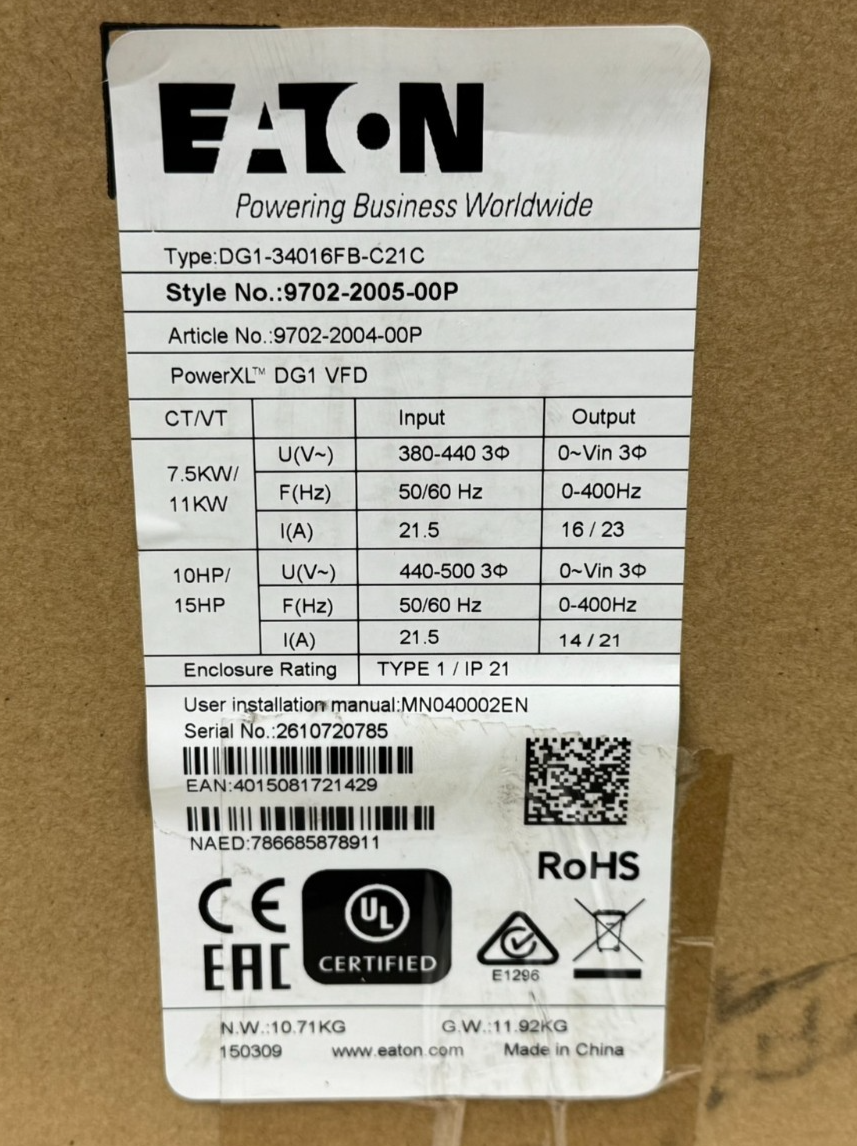 NEW EATON DG1-34016FB-C21C POWERXL DG1 VFD 9702-2005-00P 10HP 9702-2004 ...