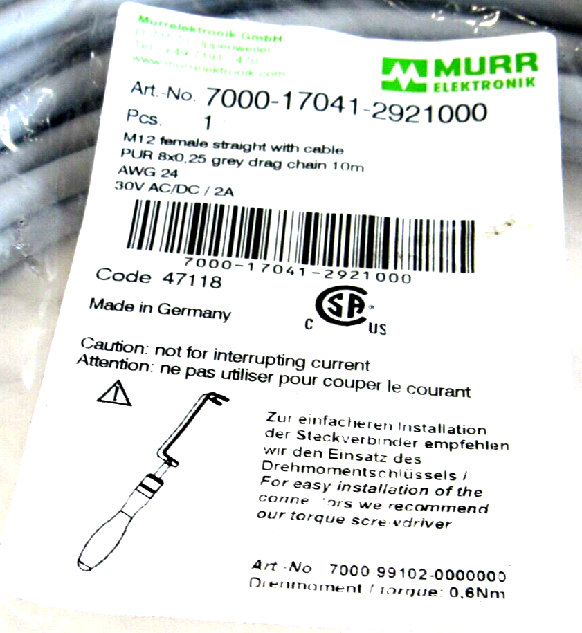 NEW MURR ELEKTRONIK 7000-17041-2921000 M12 FEMALE STRAIGHT W/CABLE - SB ...
