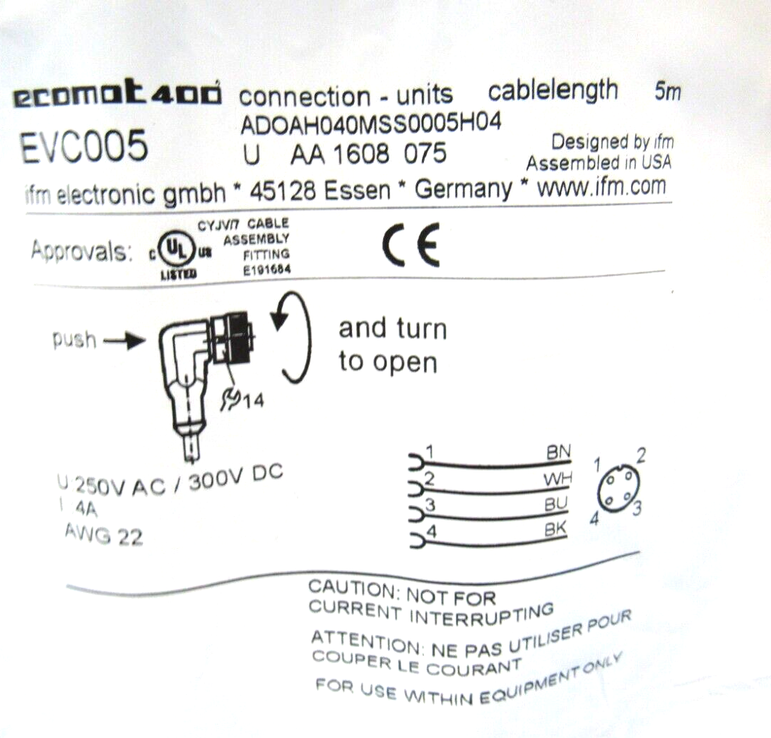LOT OF 5 NEW IFM EFECTOR ADOAH040MSS0005H04 CABLES EVC005 - SB Industrial Supply, Inc.