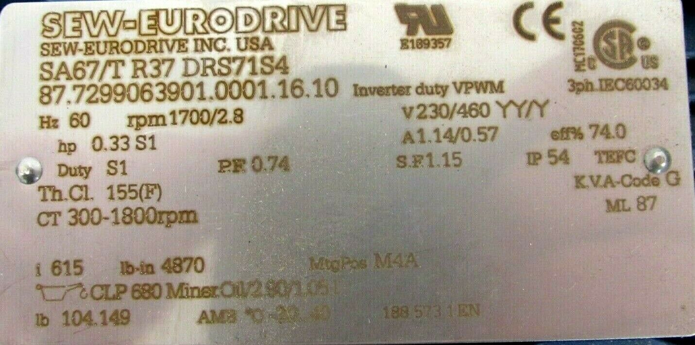 NEW SEW EURODRIVE SA67/T R37 DRS71S4 HELICAL-WORM GEARMOTOR ...