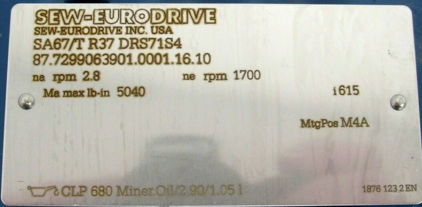 NEW SEW EURODRIVE SA67/T R37 DRS71S4 HELICAL-WORM GEARMOTOR ...