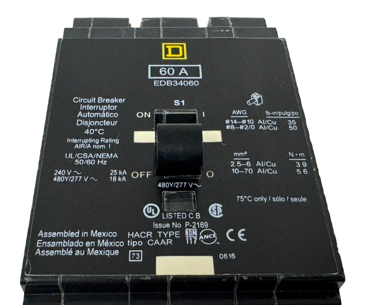 NEW SQUARE D EDB34060 CIRCUIT BREAKER 60A 3P HACR CAAR - SB Industrial ...