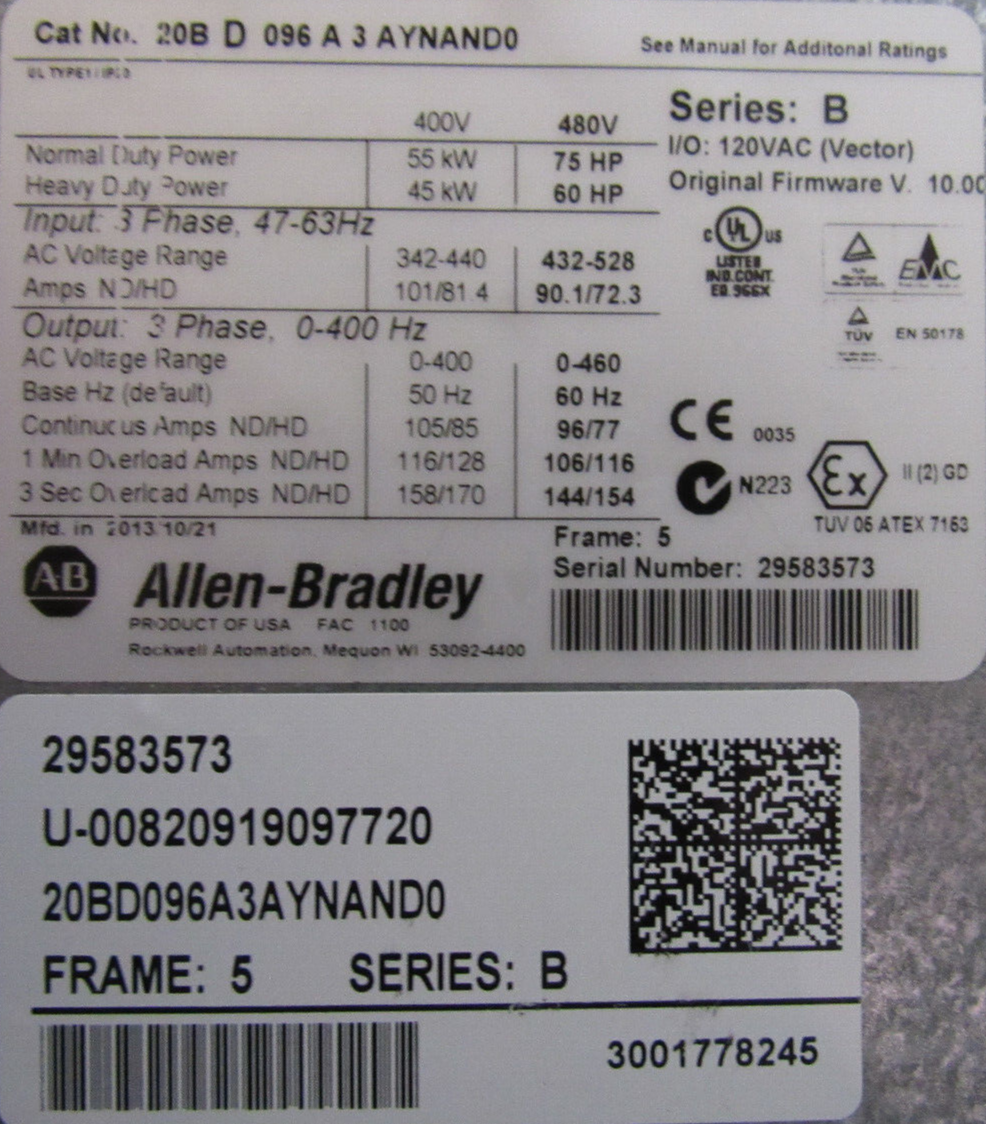 NEW ALLEN BRADLEY 20BD096A3AYNAND0 POWERFLEX 700 DRIVE 75HP SER.B - SB ...