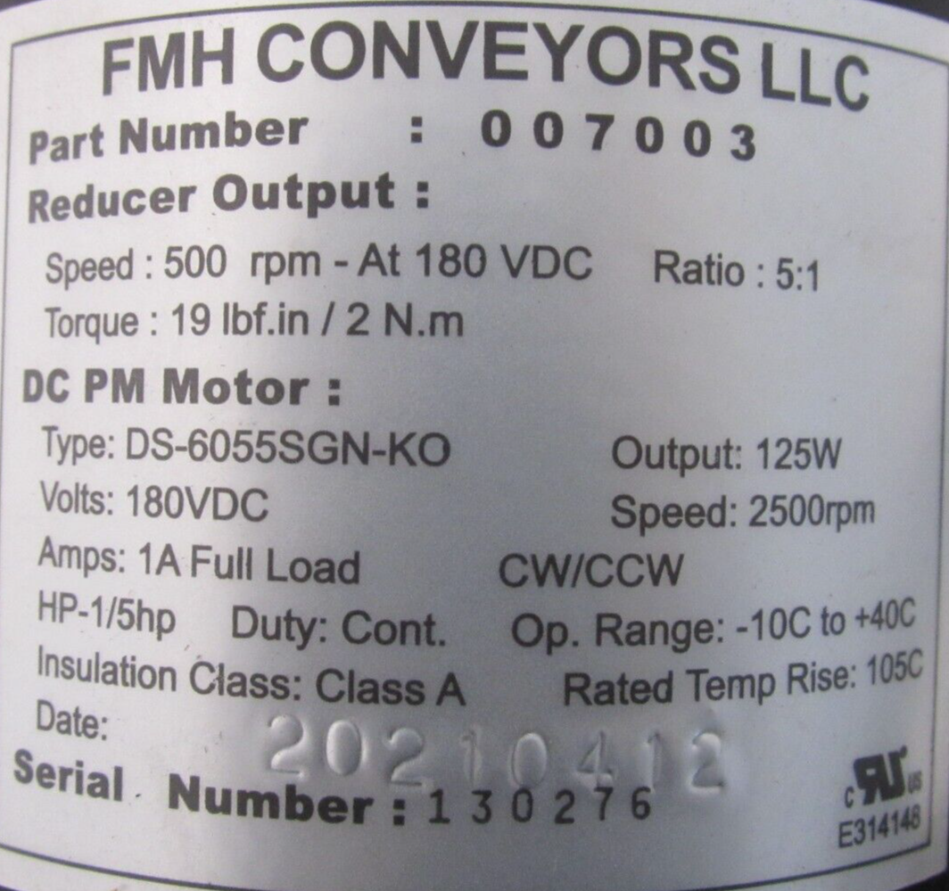 NEW FMH CONVEYORS DS-6055SGN-KO GEARMOTOR 5:1 180VDC 5/8" DIA. 00703 ...