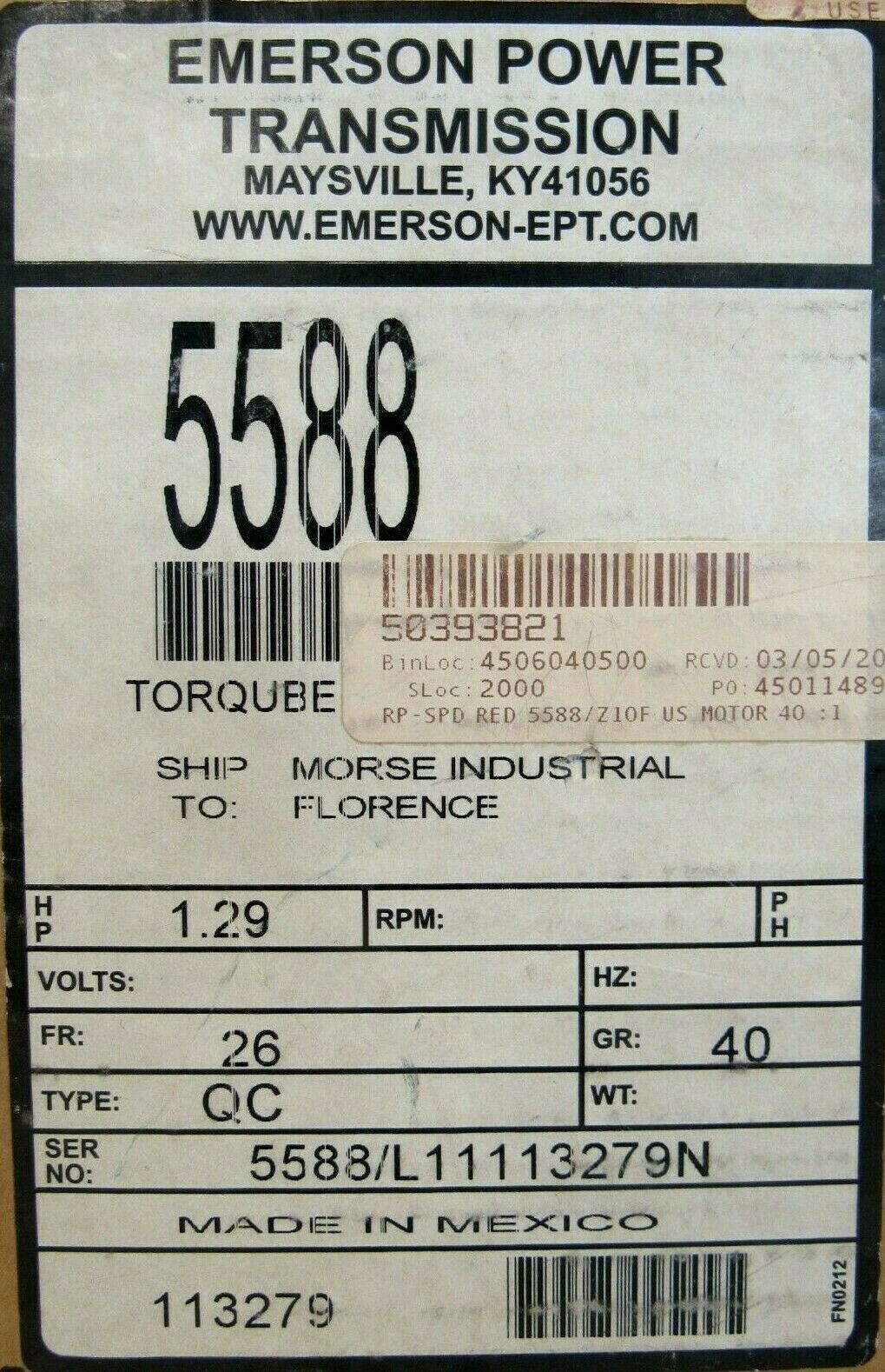 NEW EMERSON 5588 GEAR REDUCER 40:1 5588/L11N QC - SB Industrial Supply ...