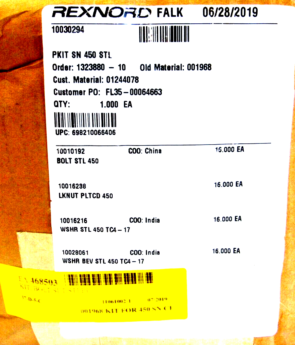 NEW REXNORD FALK 001968 DISC PACK HARDWARE KIT PKIT SN 450 STL - SB ...