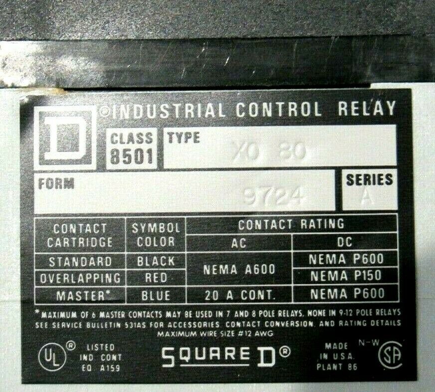 NEW SQUARE D 8501-X080V03 CONTROL RELAY 8501X080V03 - SB Industrial ...