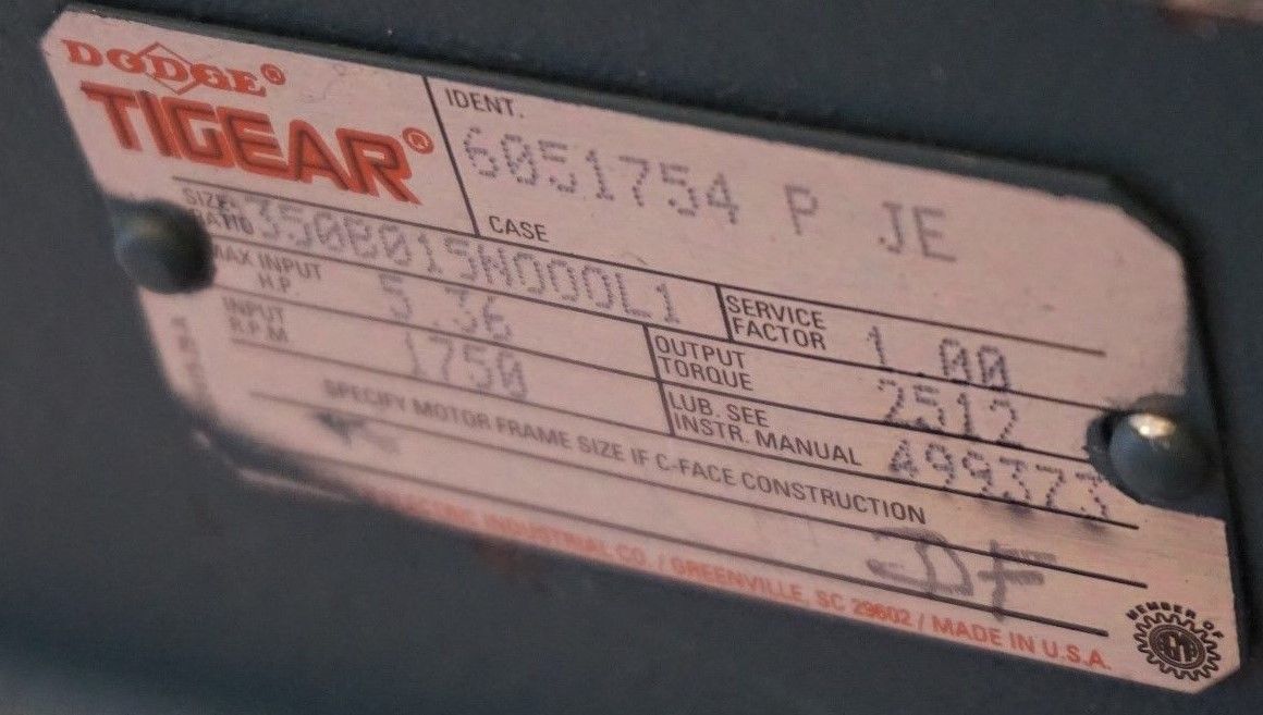 NEW DODGE TIGEAR 6051754 P JE GEAR REDUCER A350B015N000L1, HP 5.36, RPM ...