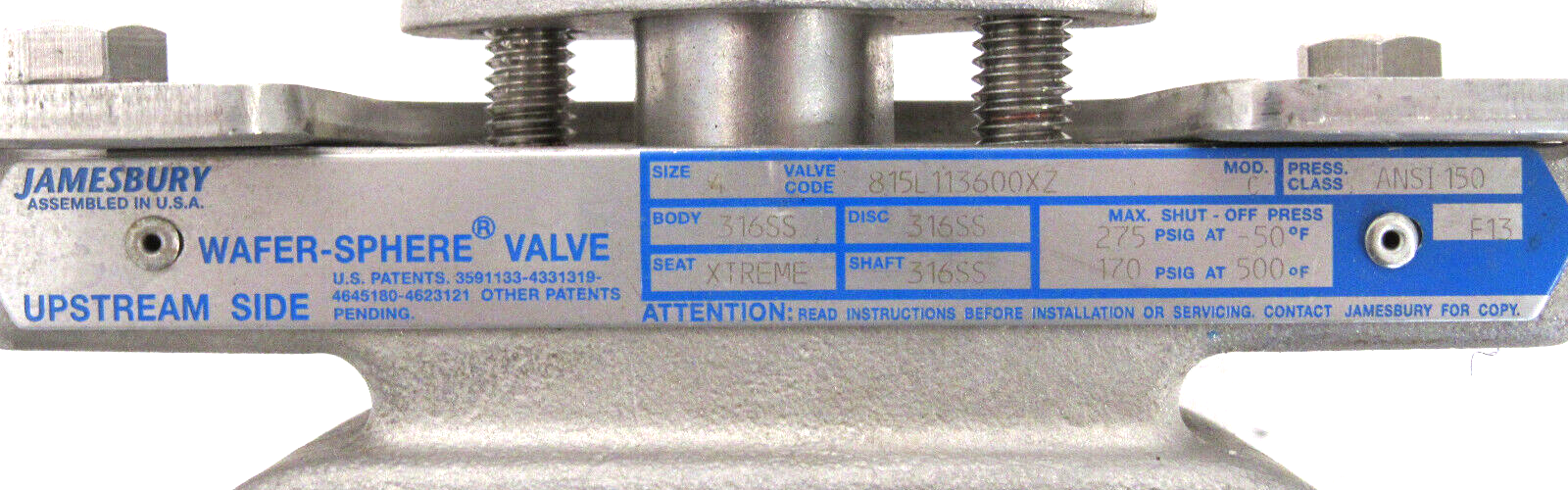 NEW JAMESBURY 815L113600XZ BUTTERFLY VALVE 4" - SB Industrial Supply, Inc.