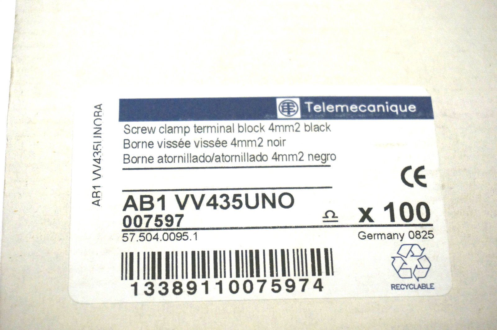 NEW SEALED BOX OF 100 TELEMECANIQUE AB1-VV435UNO TERMINAL BLOCKS ...