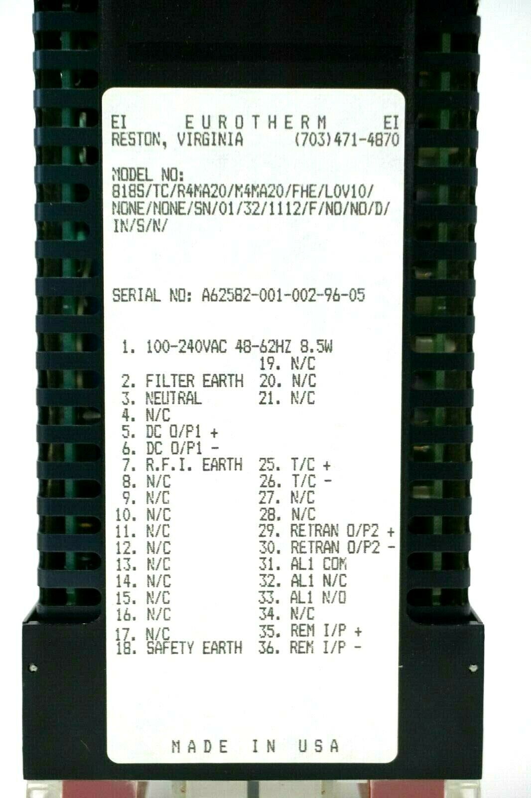 NEW EUROTHERM 818S/TC/R4MA20/M4MA20/FHE/LOV10/NONE/NONE/SN/01/32/1112/F ...