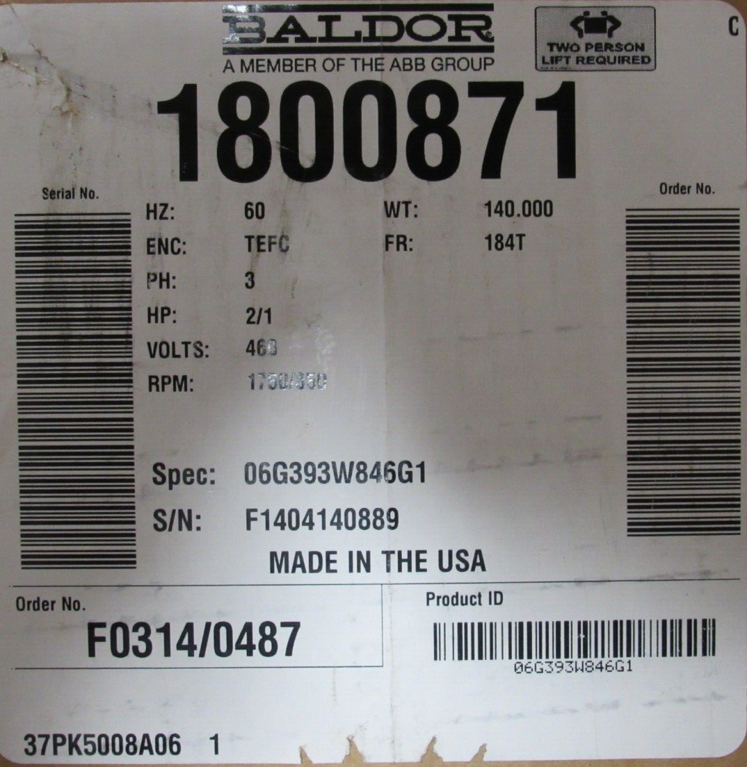 NEW BALDOR 1800871 BRAKE MOTOR 2/1 HP 460V 184T 108704105DQF - SB ...