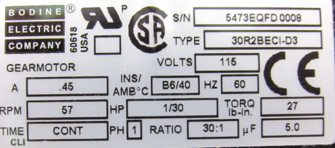 NEW BODINE ELECTRIC 30R2BECI-D3 GEARMOTOR 30:1 115V 30R2BECID3 - SB ...