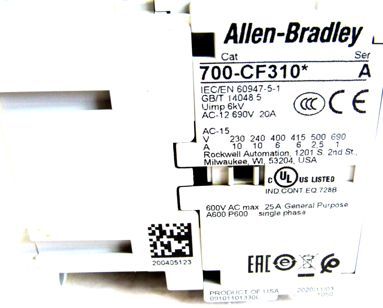 ALLEN BRADLEY 700-CF310D CONTROL RELAY SERIES A 700CF310D NEW, SURPLUS ...