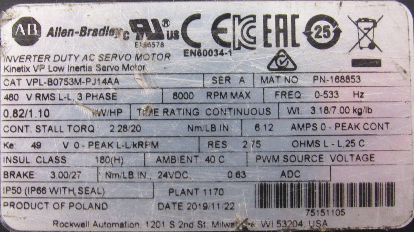 ALLEN BRADLEY VPL-B0753M-PJ14AA SERVO MOTOR VPLB0753MPJ14AA (NEW ...