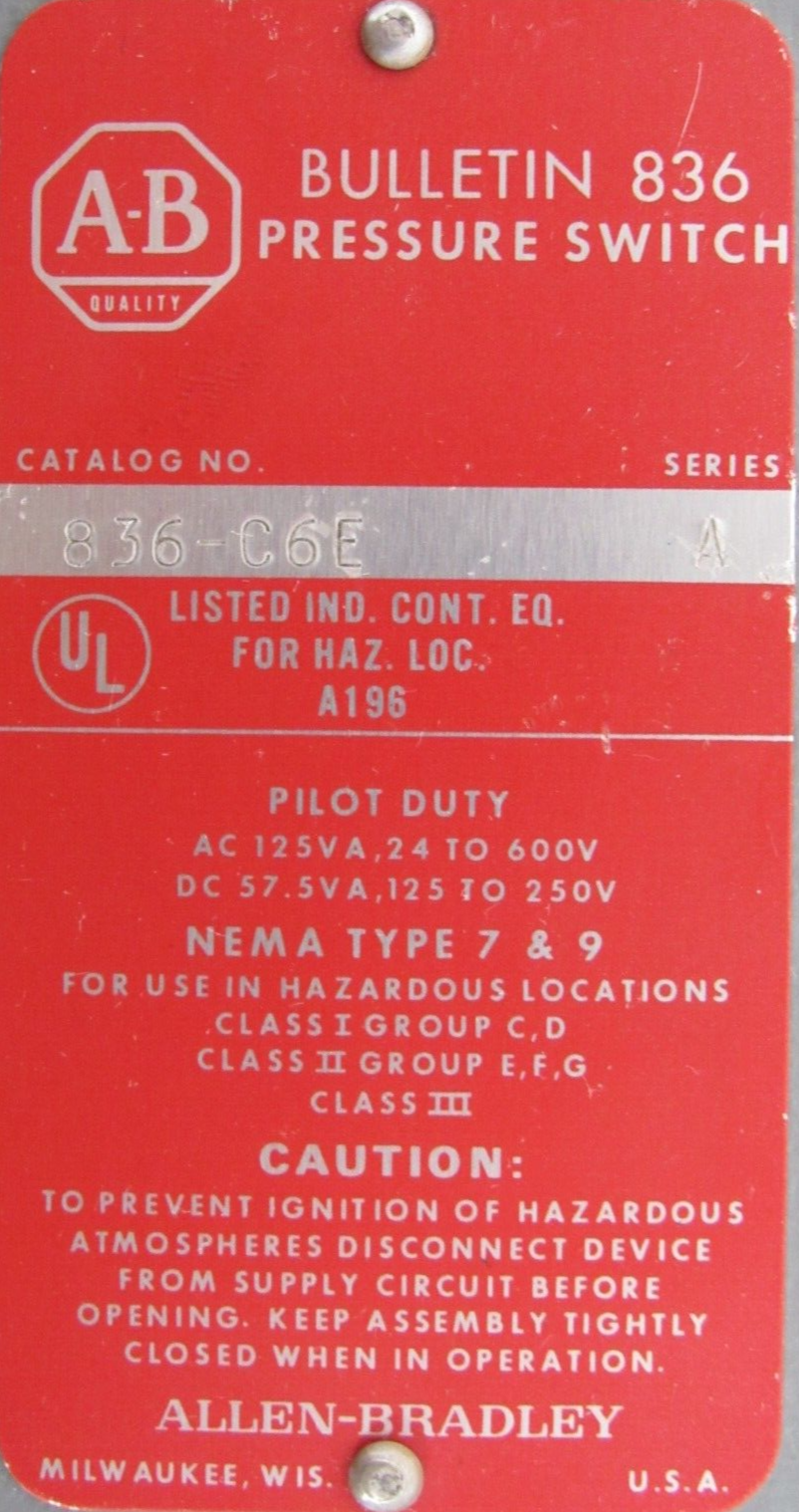 NEW ALLEN BRADLEY 836-C6E PRESSURE CONTROL SER.A 836C6E - SB Industrial ...