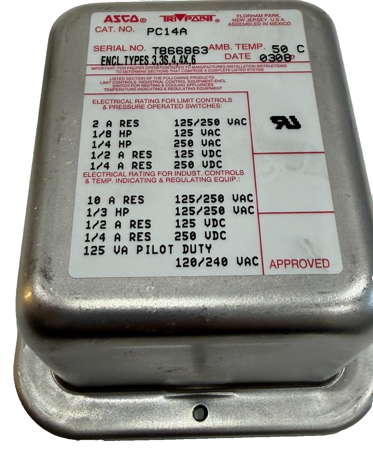 NEW ASCO PC14A PRESSURE SWITCH ENCLOSURE 120-240VAC - SB Industrial ...