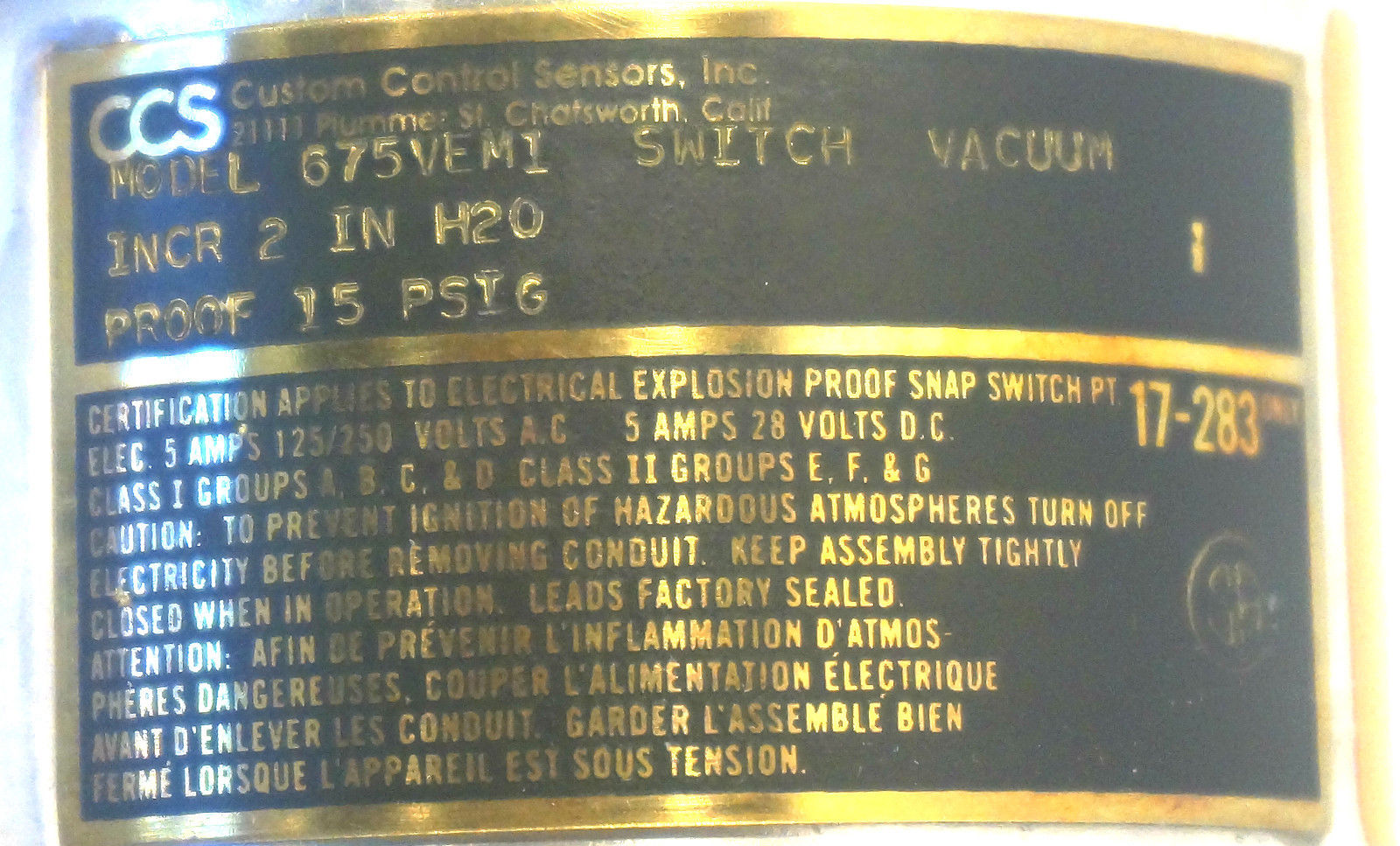 NEW CUSTOM CONTROL SENSORS 675VEM1 SWITCH - SB Industrial Supply, Inc.