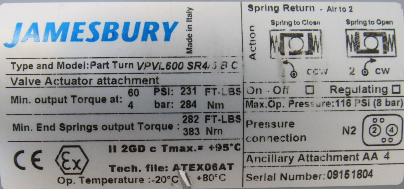 NEW JAMESBURY VPVL600SR4/5BO PNEUMATIC ACTUATOR VPVL600SR45BO - SB ...