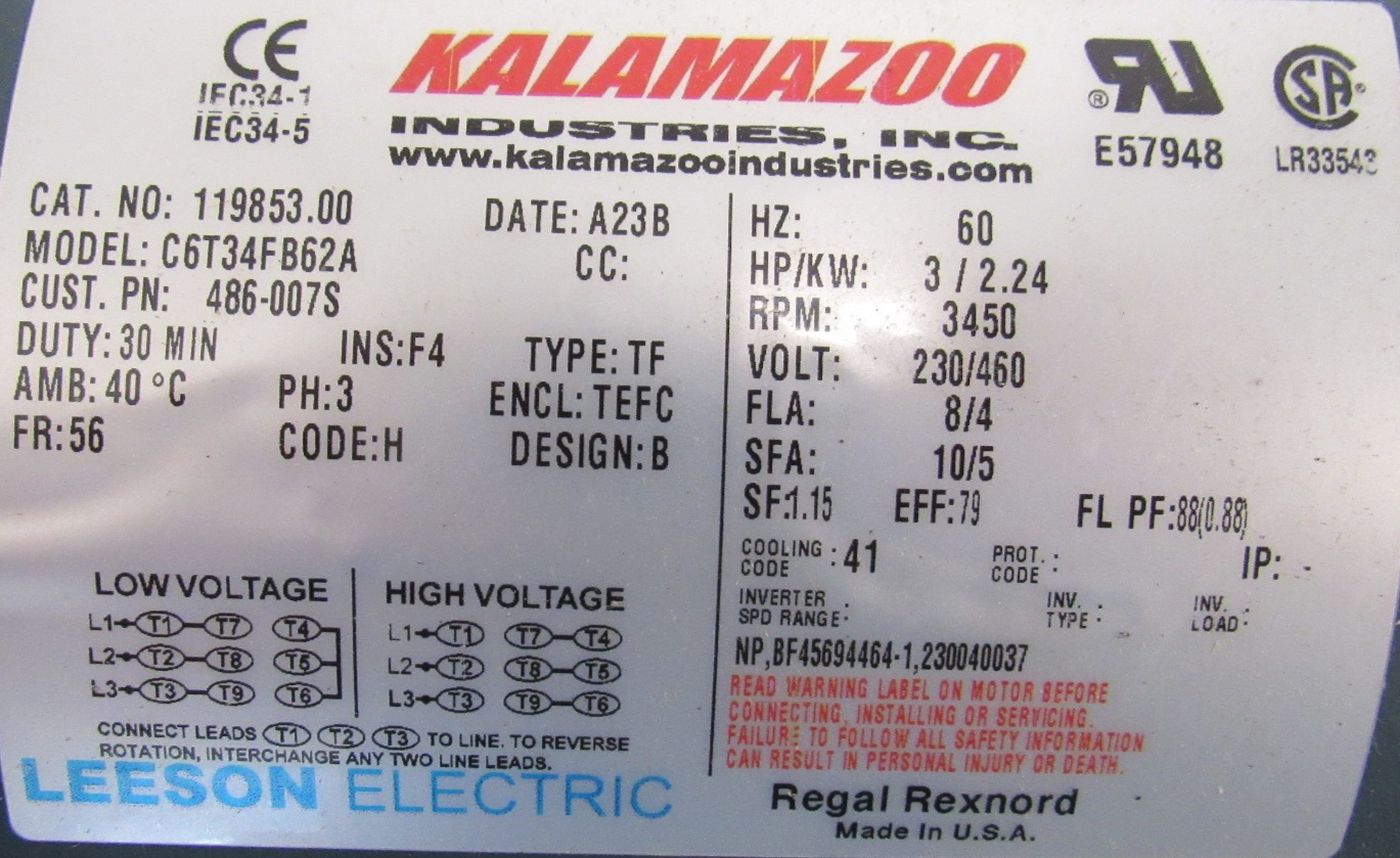 NEW LEESON C6T34FB62A MOTOR 3HP 230/460V 3450RPM 119853.00 - SB ...