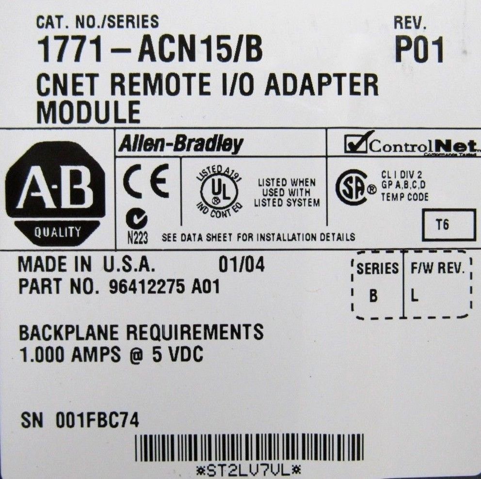 USED ALLEN BRADLEY 1771-ACN15/B REMOTE I/O ADAPTER 1771ACN15 SER B - SB ...