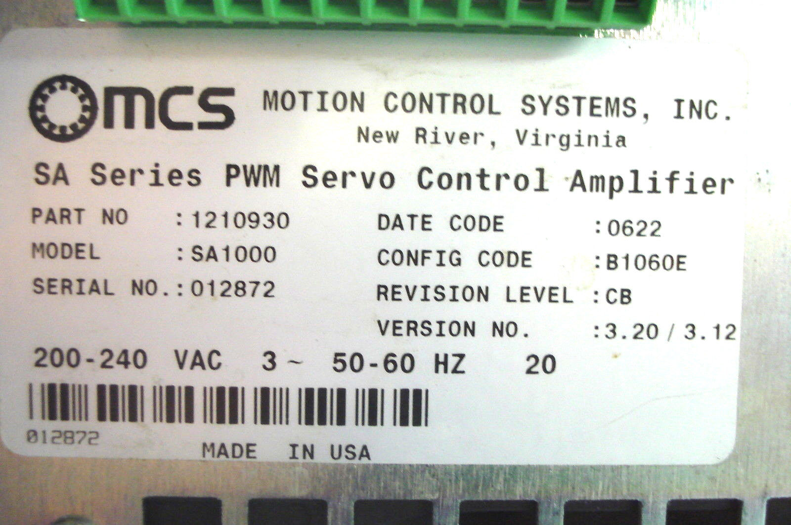 USED MCS MOTION CONTROL SYSTEMS 1210930 SA SERIES PWM SERVO AMPLIFIER ...