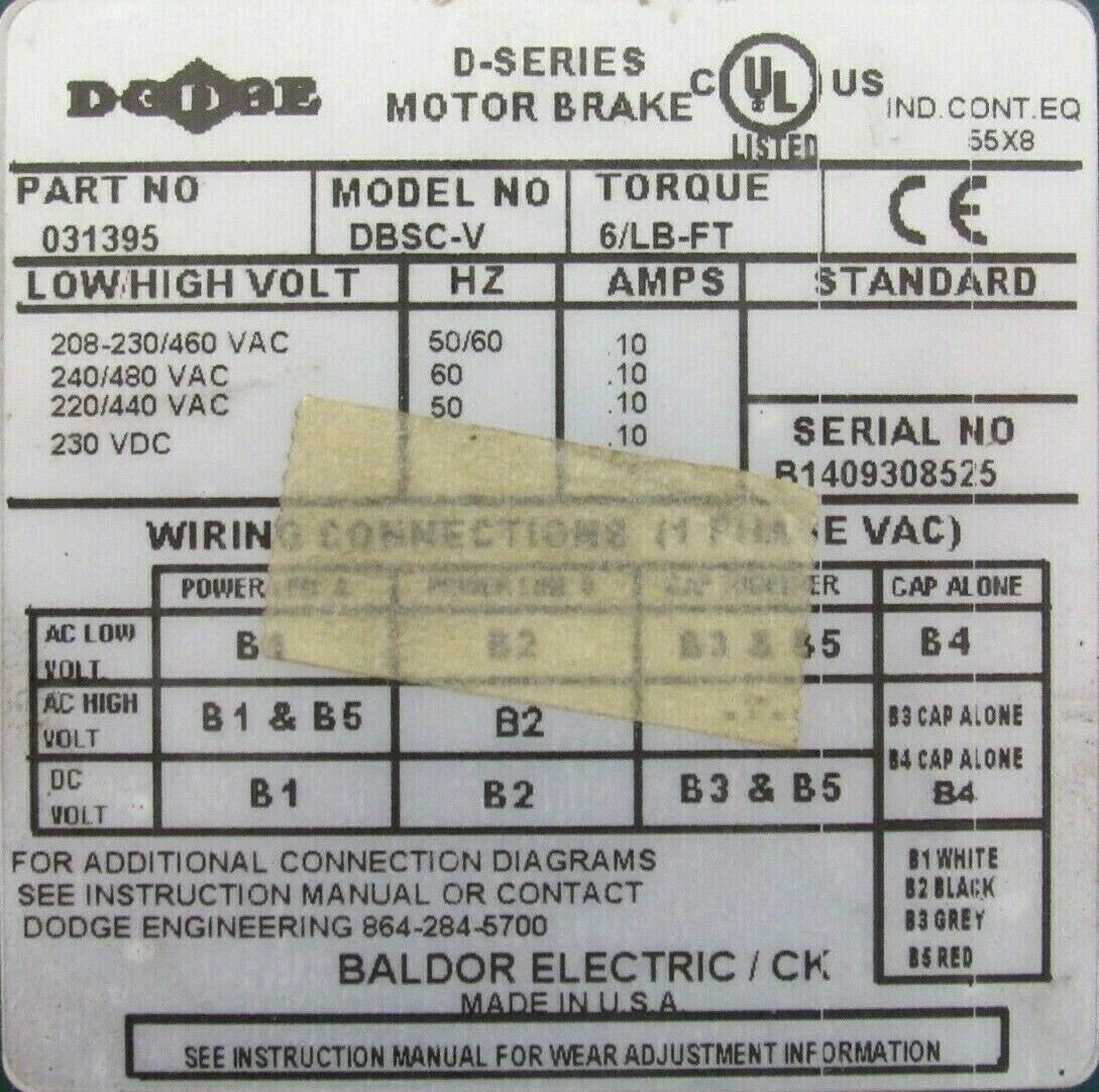 NEW BALDOR 031395 MOTOR BRAKE DBSC-V 208-230/460V - SB Industrial Supply, Inc.