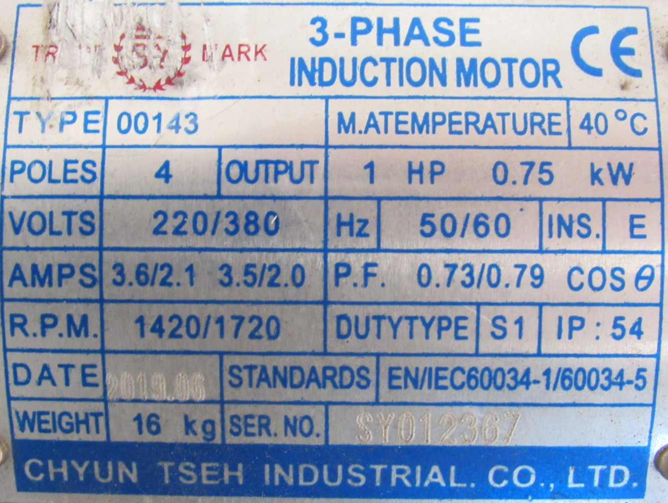 NEW CHYUN TSEH 00543 MOTOR 220/380V 1HP - SB Industrial Supply, Inc.