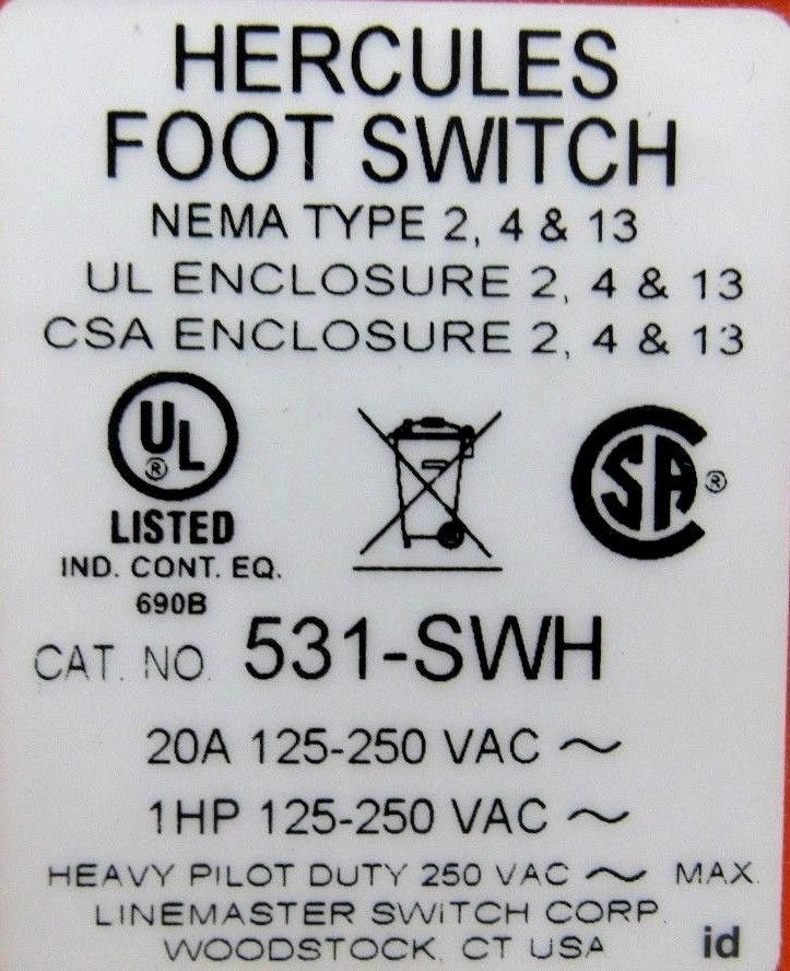 NEW LINEMASTER 531-SWH FOOT SWITCH 531SWH - SB Industrial Supply, Inc.