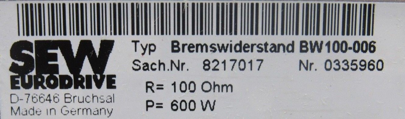 NEW SEW BW100-006 BRAKE RESISTOR BW100006 100 OHM 600W 0335960 8217017 ...