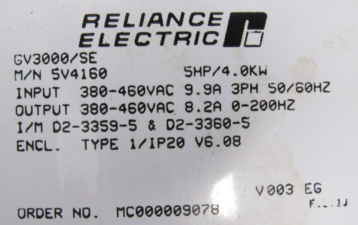 USED RELIANCE ELECTRIC GV3000/SE DRIVE 5HP GV3000SE 5V4160 - SB ...