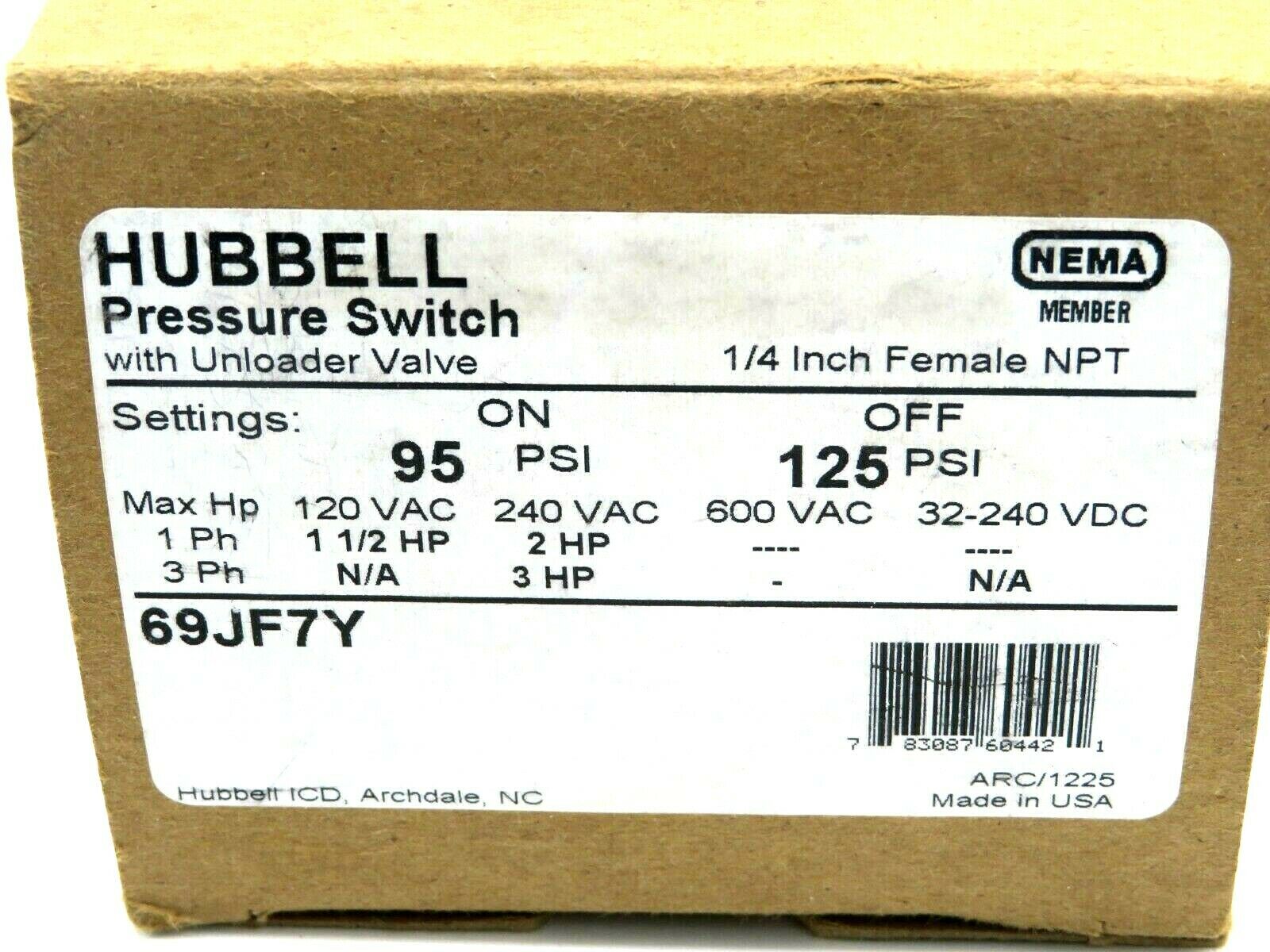 NEW HUBBELL 69JF7Y PRESSURE SWITCH W/UNLOADER VALVE - SB Industrial ...