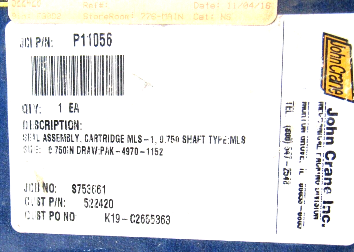 NEW JOHN CRANE P11056 SEAL ASSY. CARTRIDGE MLS-1,0.750 SHAFT 522420 ...