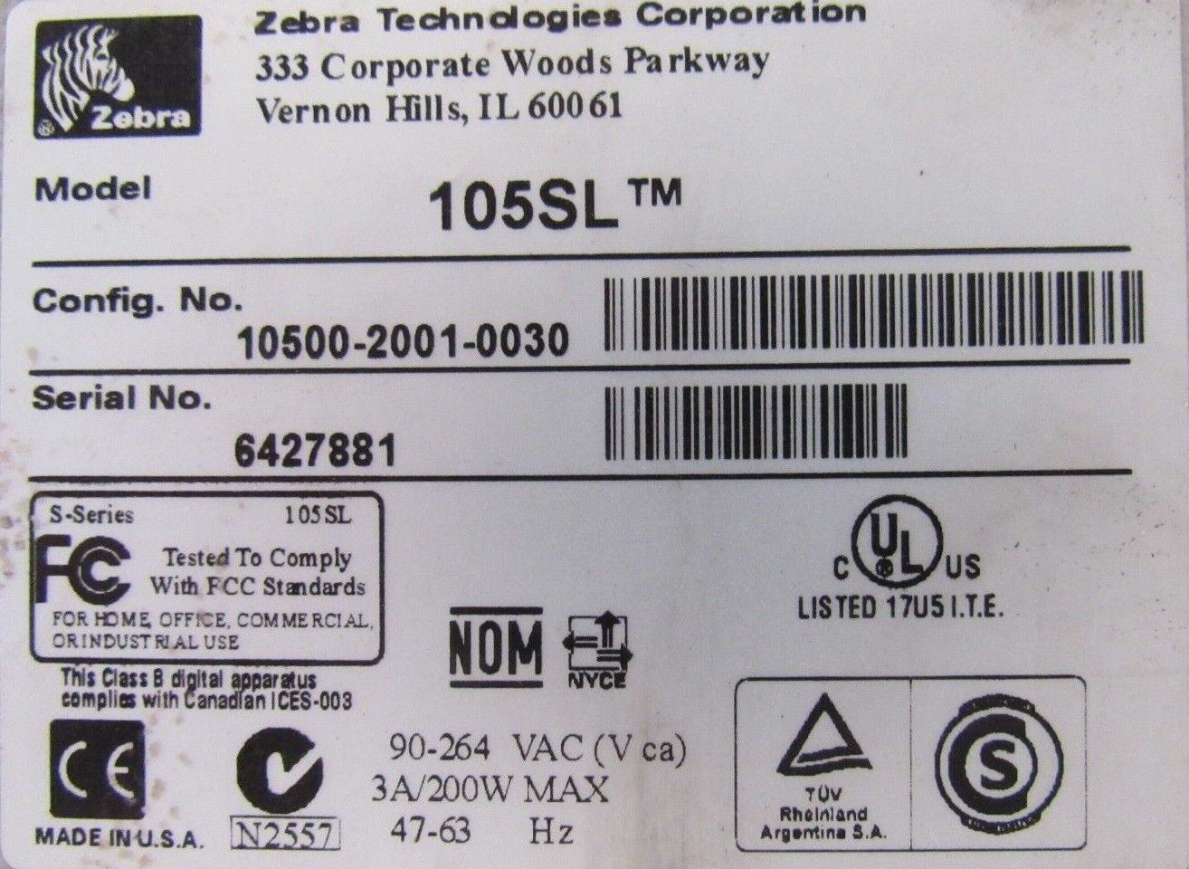 NEW ZEBRA 105SL THERMAL TRANSFER LABEL PRINTER 10500-2001-0030 - SB ...