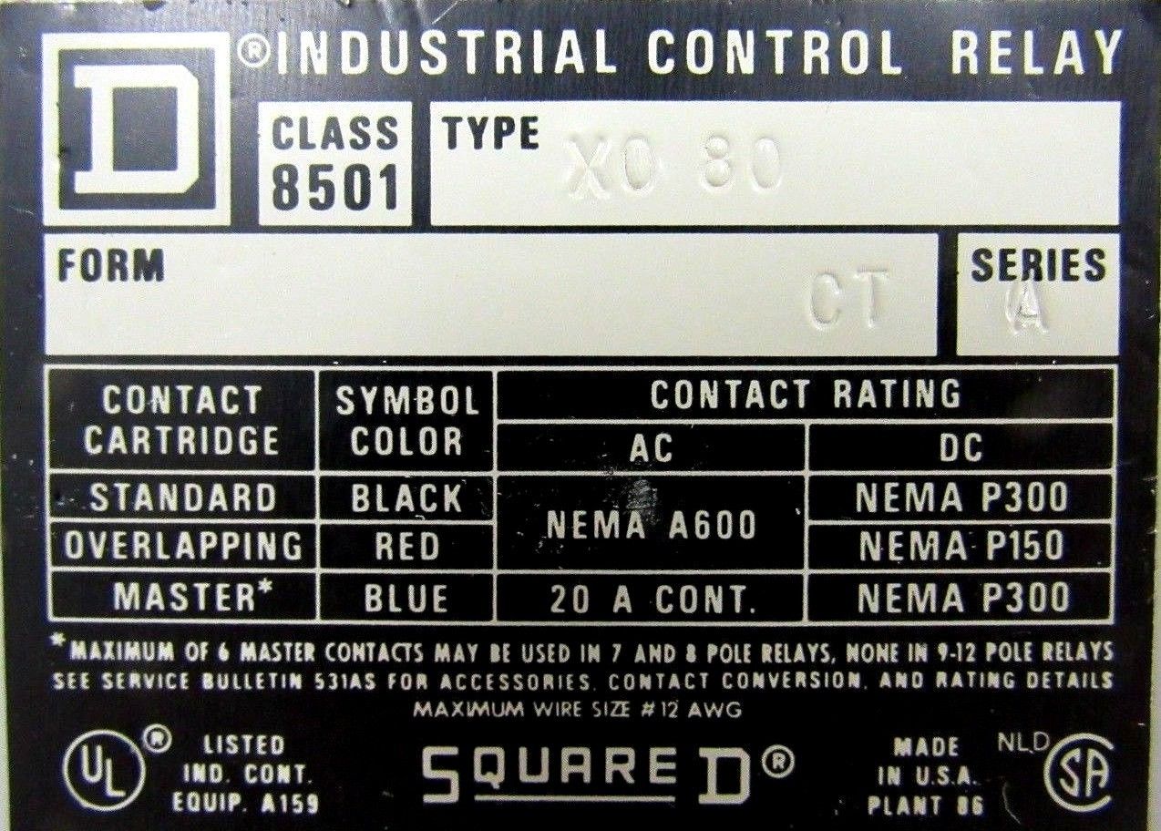 USED SQUARE D 8501-X-80 CONTROL RELAY 8501XO80 8501-X0-80 - SB ...