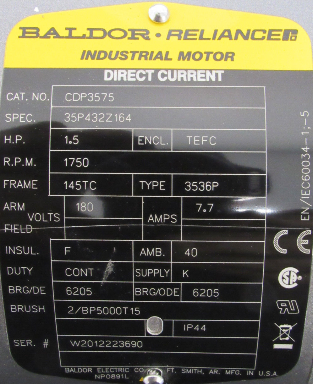 NEW BALDOR CDP3575 MOTOR 1.5HP 1750RPM 145TC 180VDC - SB Industrial ...