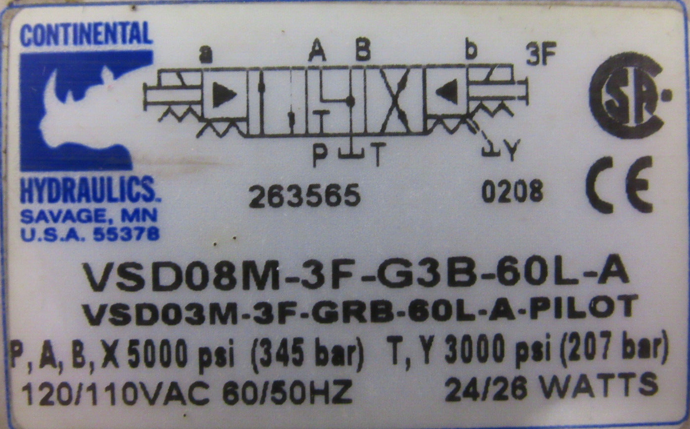 NEW CONTINENTAL HYDRAULICS VSD08M-3F-G3B-60L-A VALVE VSD03M-3F-GRB-60L ...
