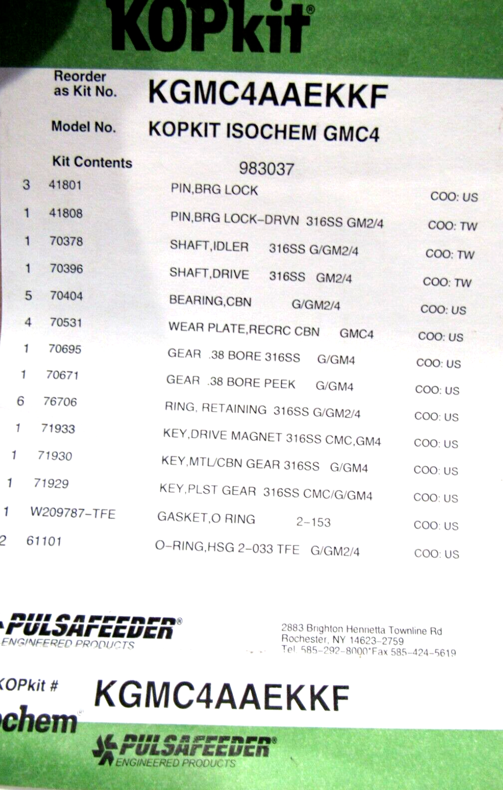 NEW ISOCHEM PULSAFEEDER KGMC4AAEKKF KOPKIT MODEL GMC2 - SB Industrial ...