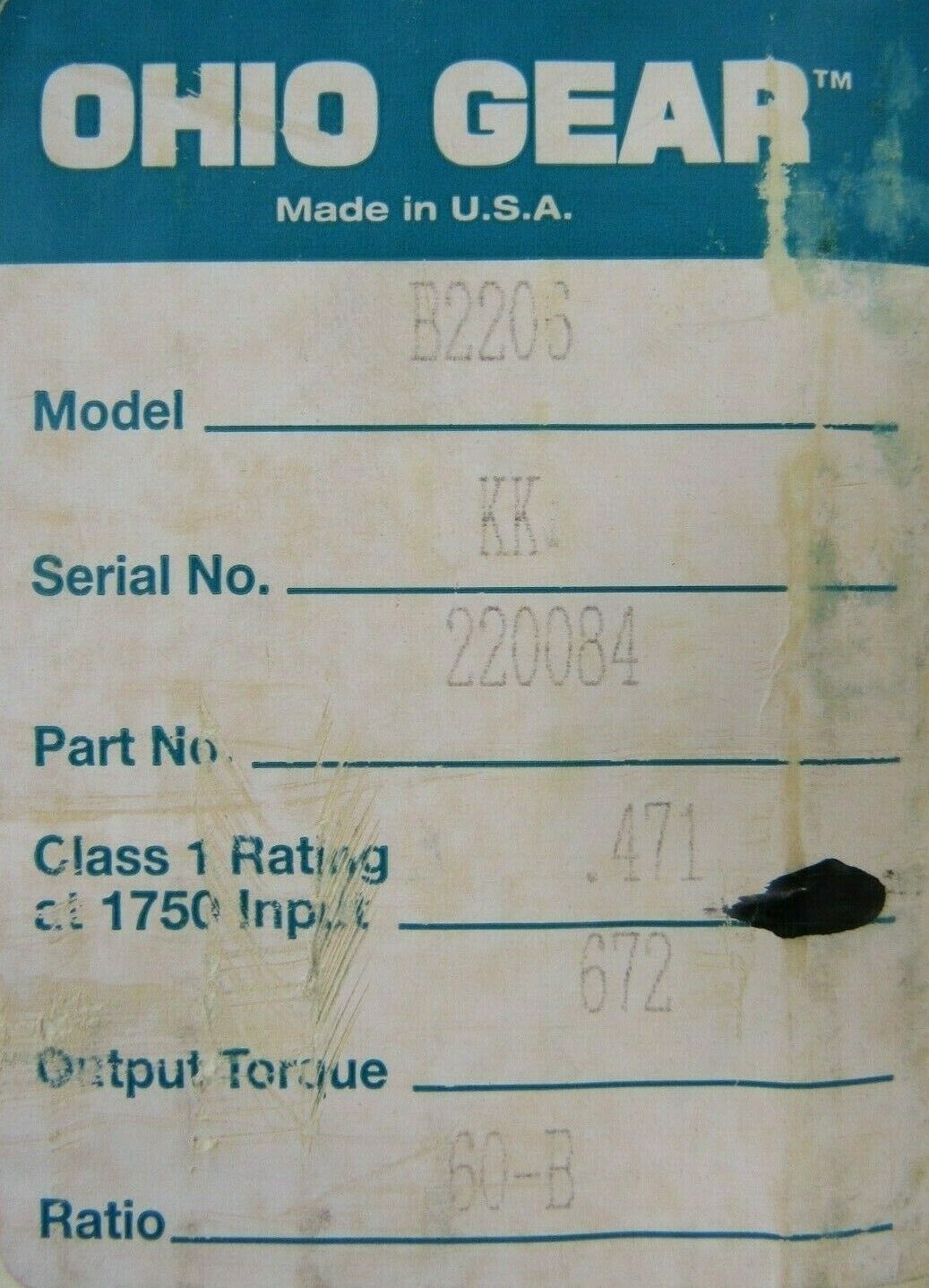 NEW OHIO GEAR B2206 GEAR BOX RATIUO 60-B - SB Industrial Supply, Inc.
