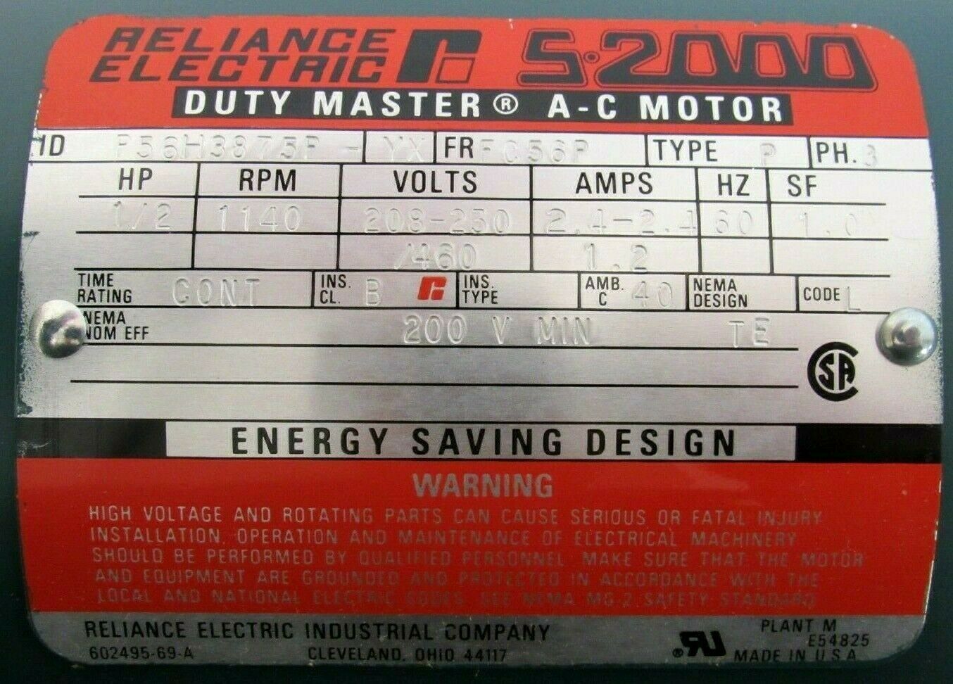 NEW RELIANCE ELECTRIC P56H3875 MOTOR 1/2HP 208-230/460V 1140RPM 5/8 ...