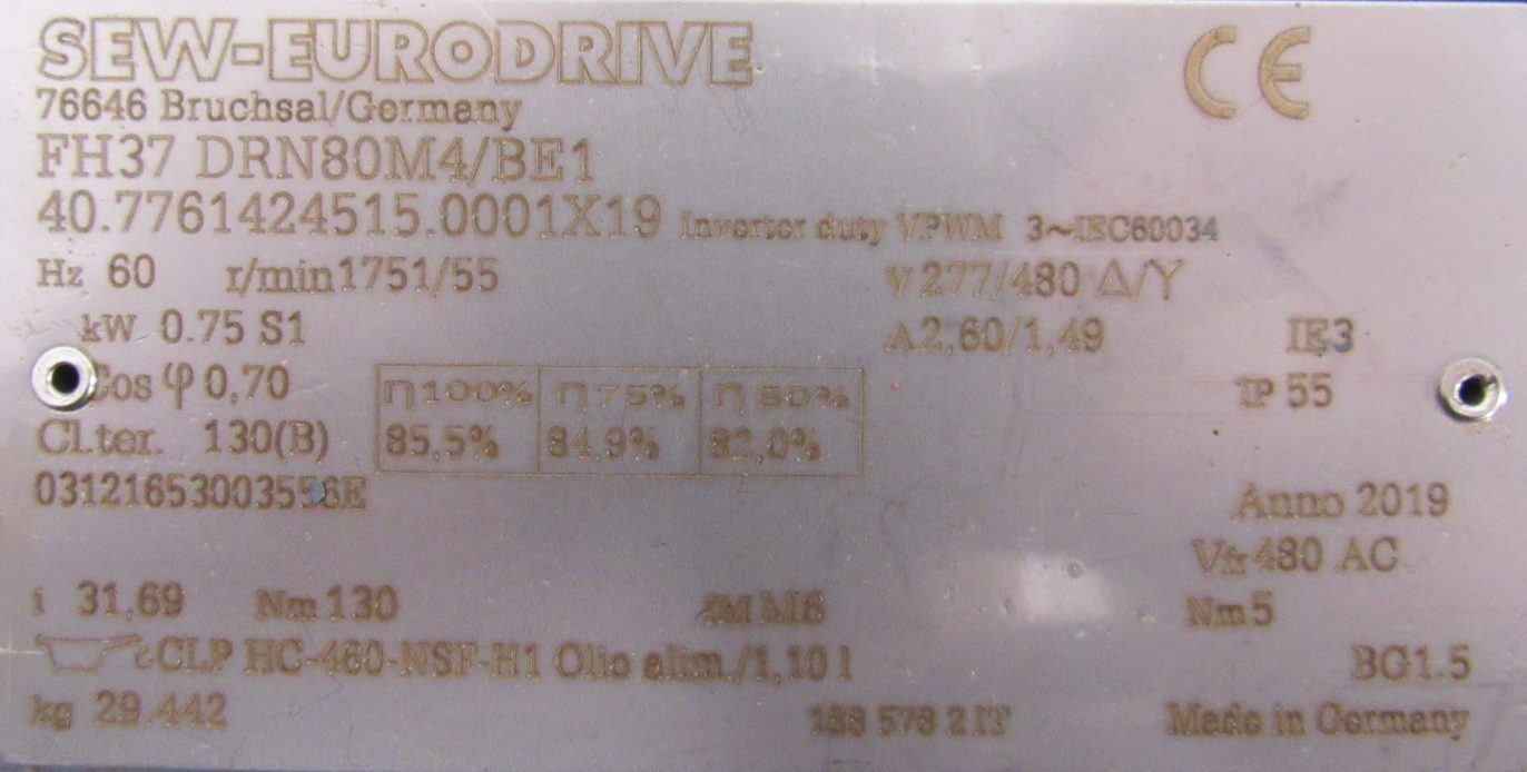 NEW SEW EURODRIVE FH37 DRN80M4/BE1 GEARMOTOR 277/480V 31.69 ...