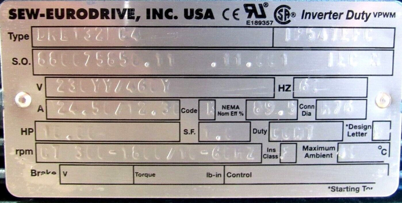 NEW SEW EURODRIVE R87DRE132MC4 GEARMOTOR 230/460V 9.90:1 DRE132MC4 - SB ...