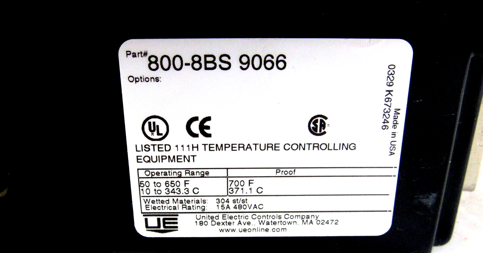 NEW UNITED ELECTRIC 800-8BS-9066 TEMPERATURE SWITCH UE800 8008BS9266 ...