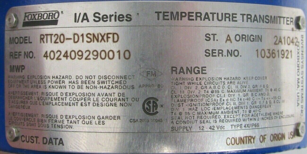 USED FOXBORO RTT20-D1SNXFD TEMPERATURE TRANSMITTER RTT20D1SNXFD - SB ...