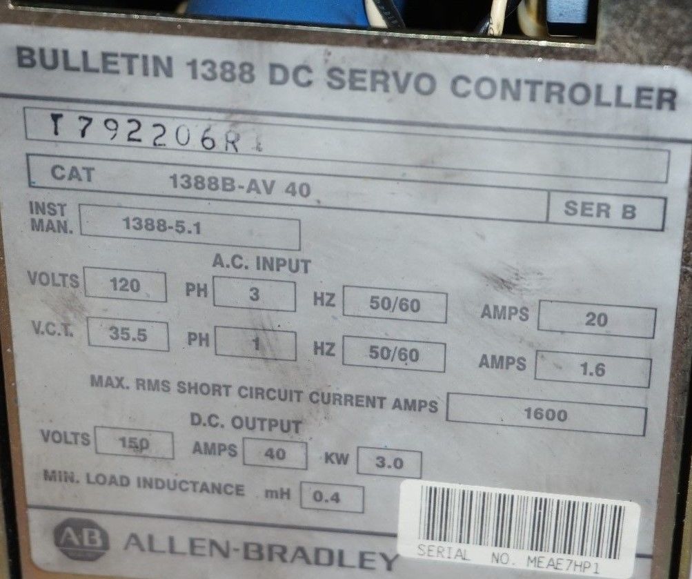ALLEN BRADLEY 1388-BAV40 DC SERVO CONTROLLER 40AMP 3PH 3KW 150VDC 1388BAV40 - SB Industrial ...