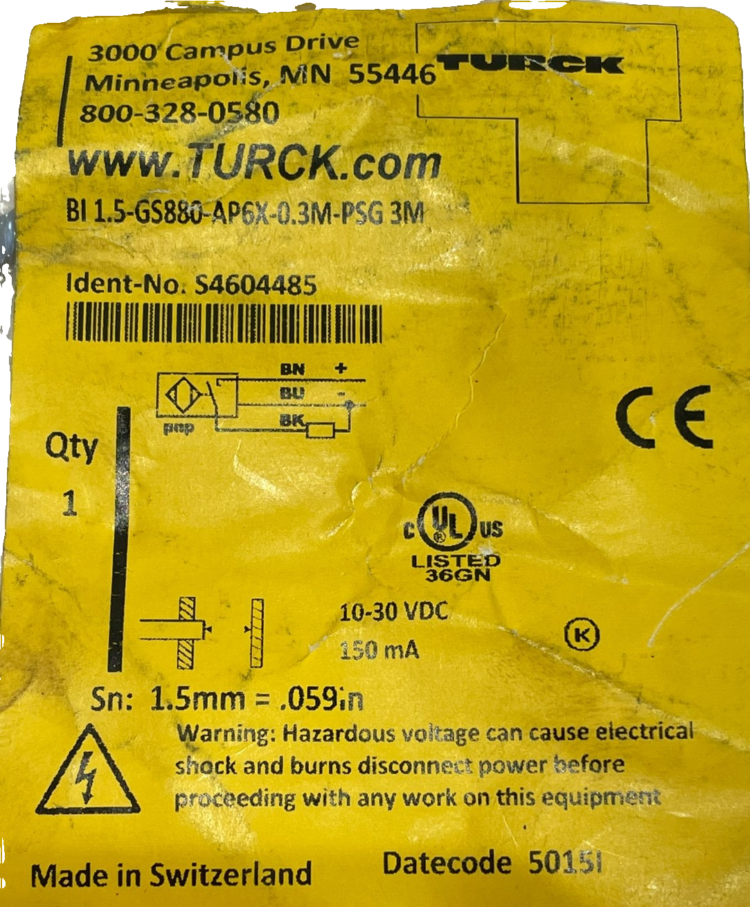 NEW TURCK S4604485 PROXIMITY SWITCH BI 1.5-GS880-AP6X-0.3M-PSG 3M - SB ...