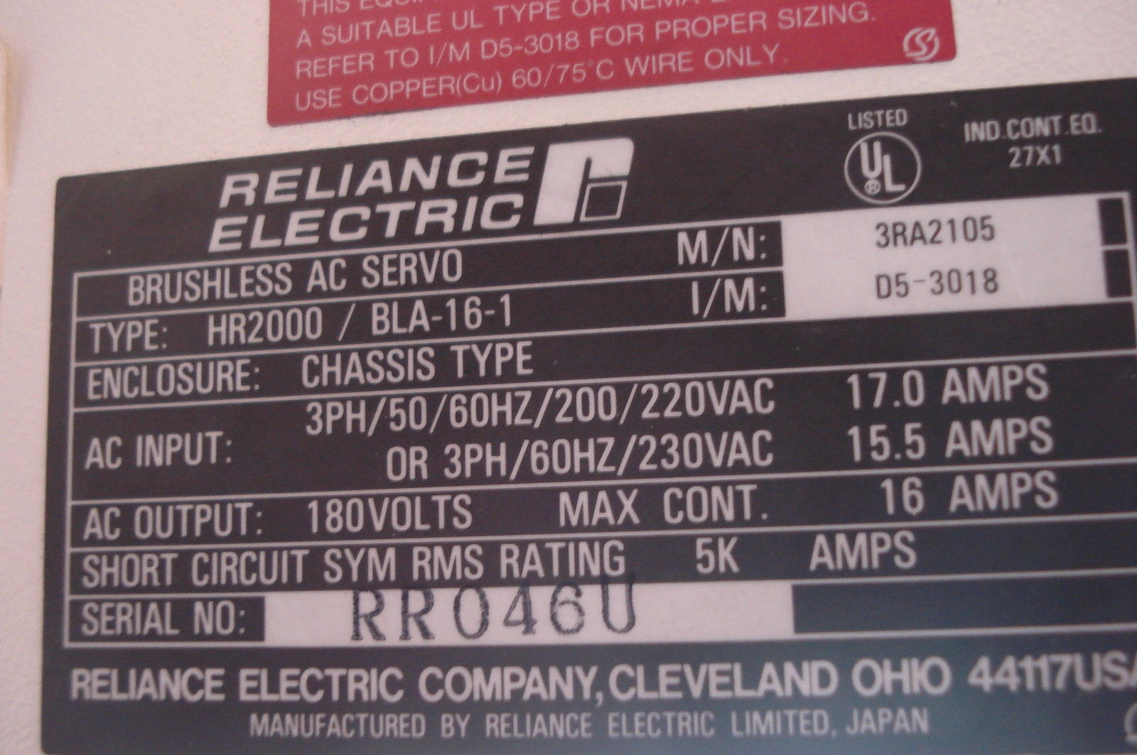 USED RELIANCE ELECTRIC HR2000 / BLA-16-1 BRUSHLESS AC SERVO - SB ...